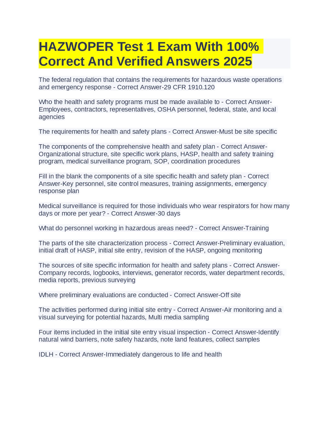 HAZWOPER Test 1 Exam: Questions and Answers for 29 CFR 1910.120 | Exams ...