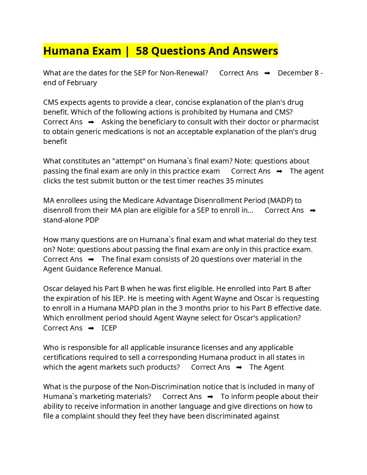 Humana Exam Practice Questions and Answers | Exams Nursing | Docsity