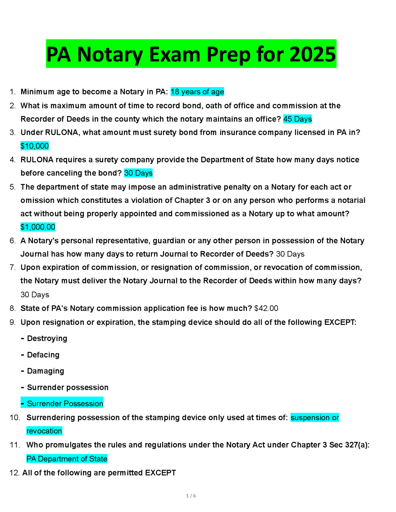 PA Notary Exam for Spring 2025 /Latest Exam with Verified Answers ...
