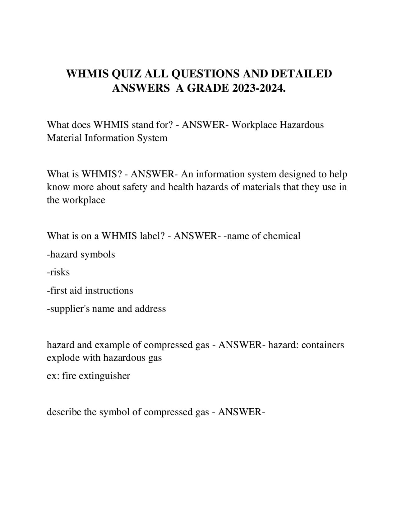WHMIS QUIZ ALL QUESTIONS AND DETAILED ANSWERS A GRADE 2023-2024 ...