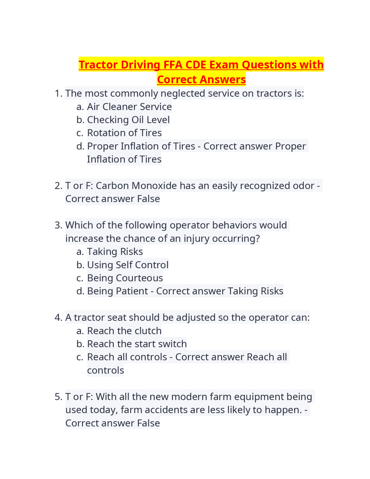 Tractor Driving FFA CDE Exam Questions and Answers | Exams Nursing ...