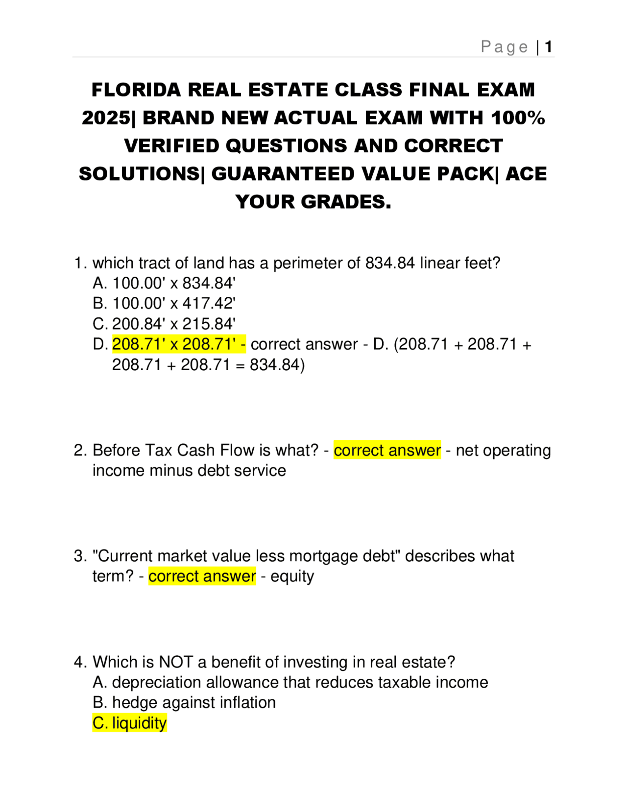 FLORIDA REAL ESTATE CLASS FINAL EXAM 2025| BRAND NEW ACTUAL EXAM ...
