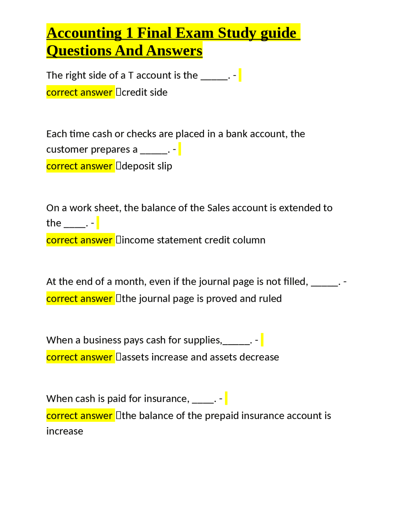 Accounting 1 Final Exam Study guide Questions And Answers | Exams ...
