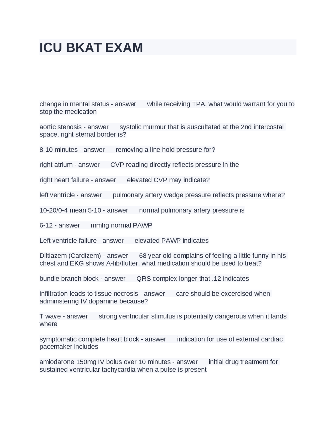 ICU BKAT Exam: Critical Care Nursing Questions and Answers | Exams ...