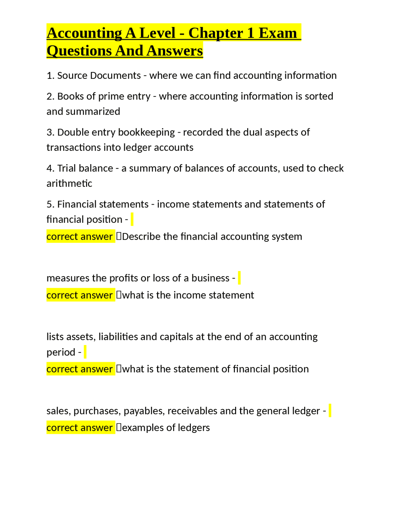 Accounting A Level - Chapter 1 Exam Questions and Answers | Exams ...