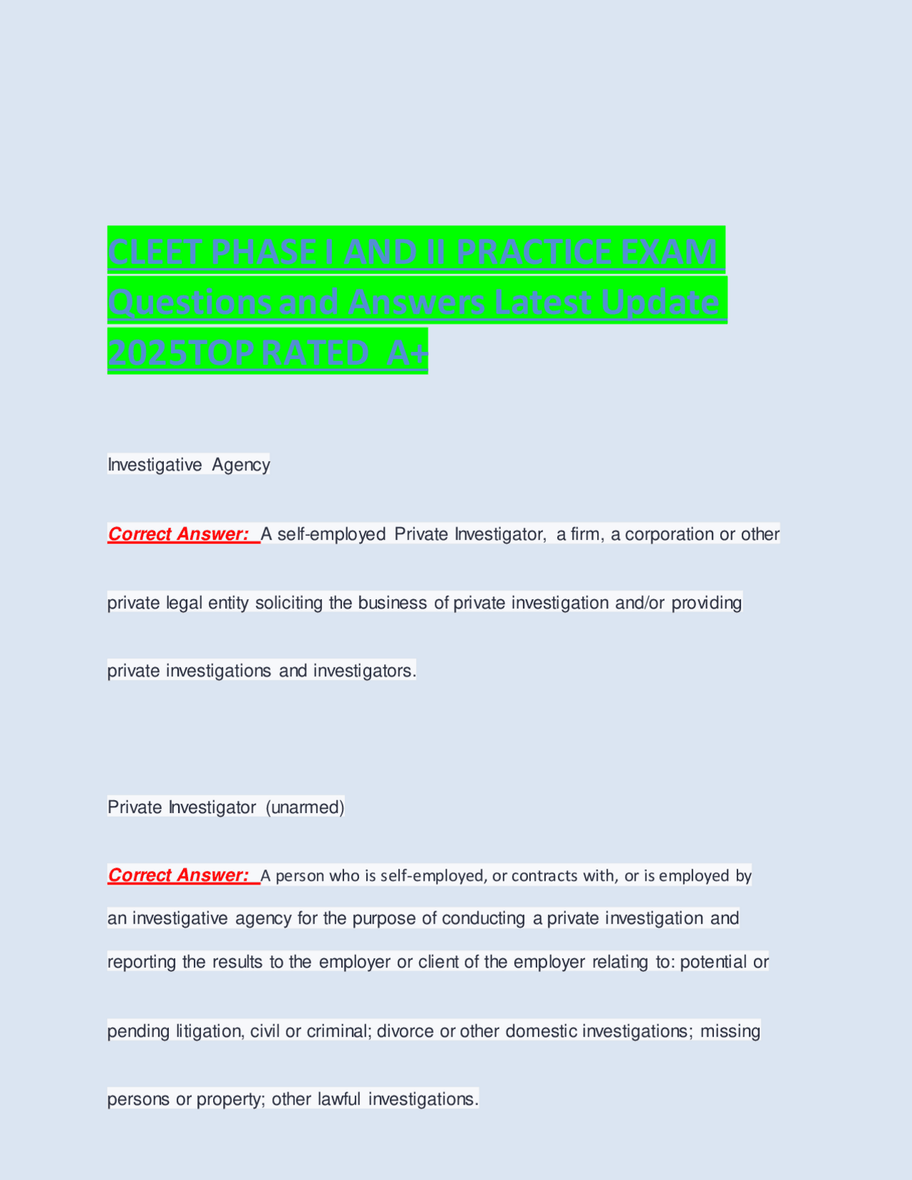 CLEET Phase I & II Practice Exam: Security Guard & Investigator ...