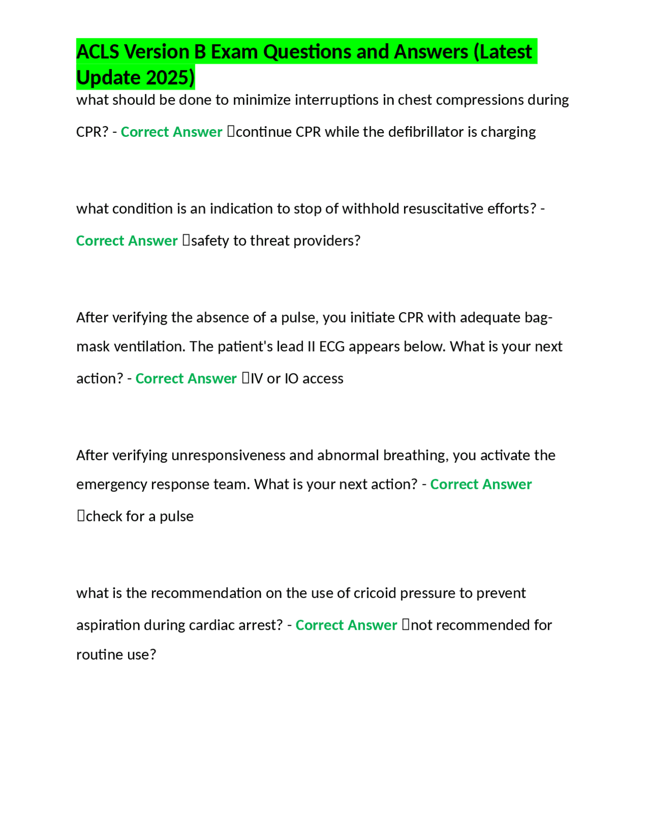 ACLS Version B Exam Questions and Answers (Latest Update 2025)ACLS ...