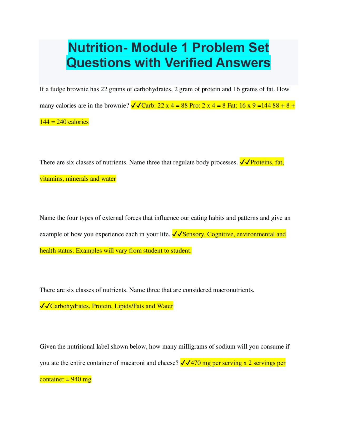 Nutrition Module 1 Problem Set: Exercises and Answers | Exams Nutrition ...