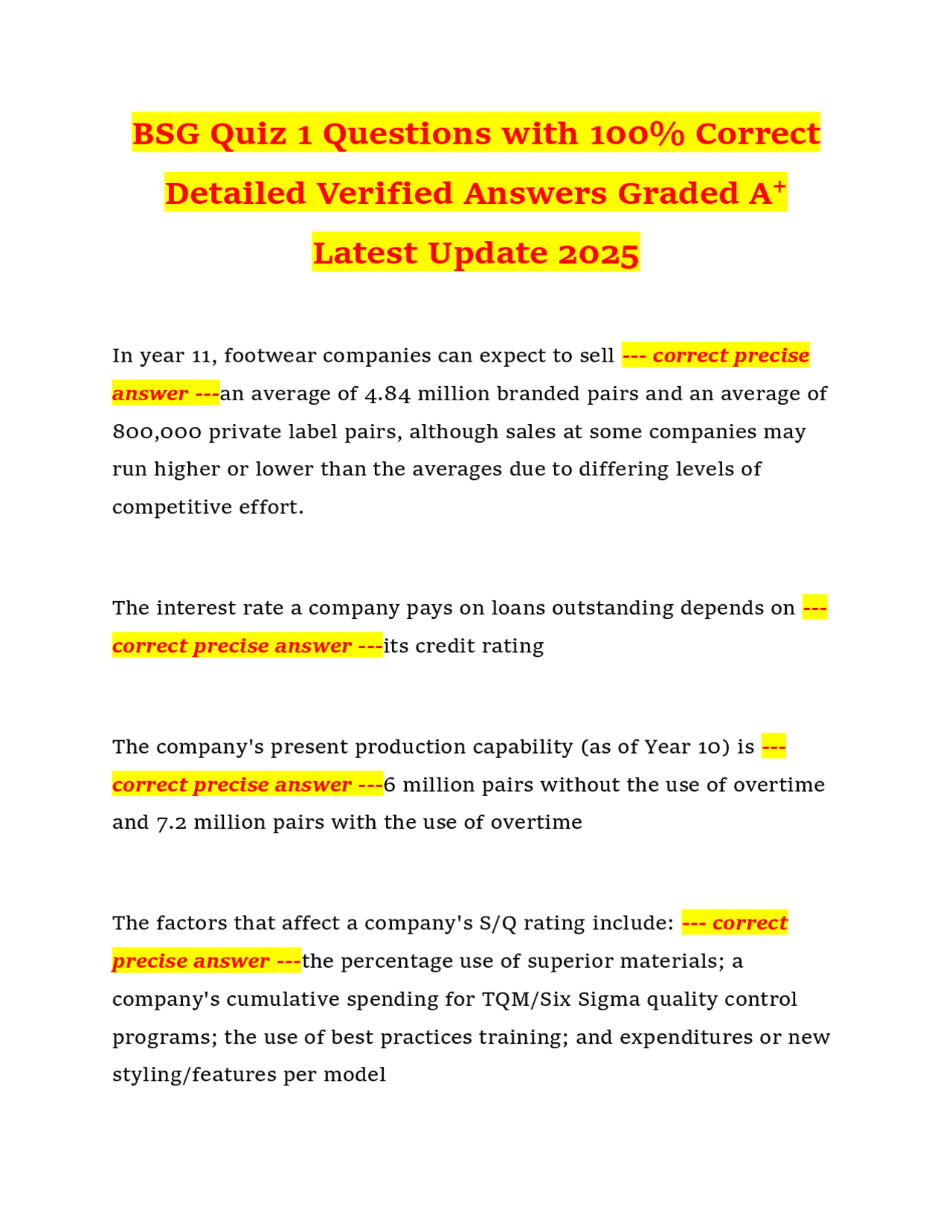 BSG Quiz 1 Questions with 100% Correct Detailed Verified Answers Graded ...