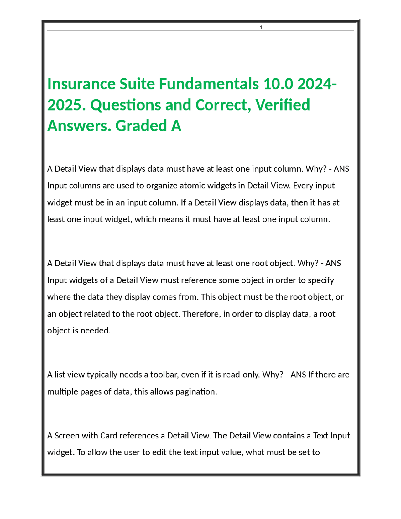 Insurance Suite Fundamentals 10.0 2024-2025. Questions and Correct ...