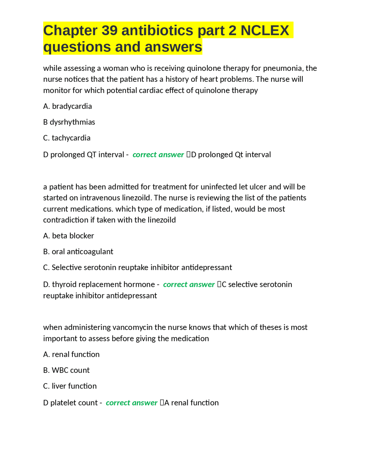 Chapter 39 antibiotics part 2 NCLEX questions and answers | Exams ...