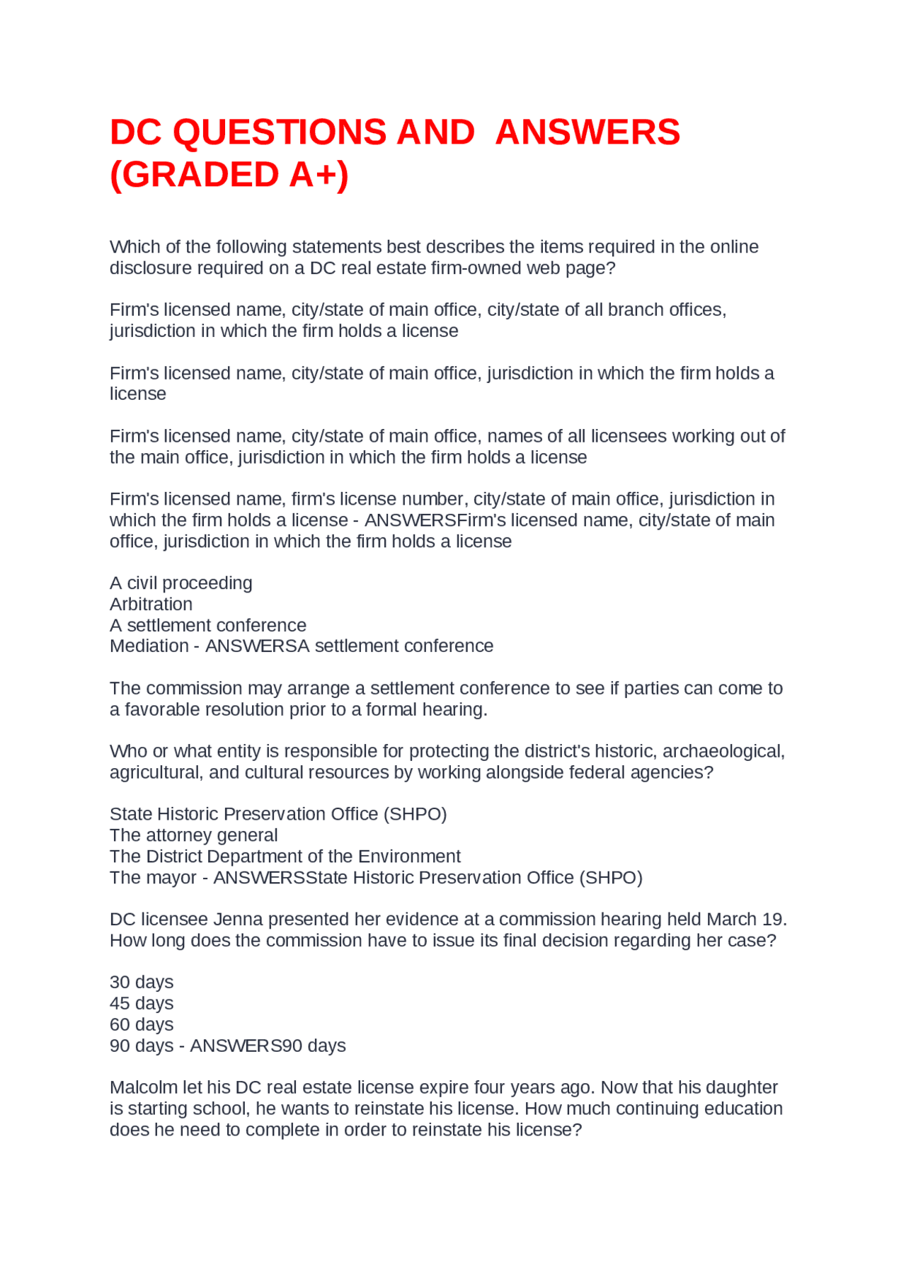 DC QUESTIONS AND ANSWERS (GRADED A+) | Exams Real Estate Management | Docsity