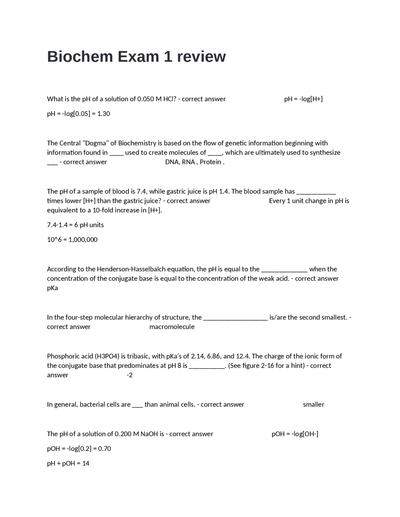Biochemistry Exam 1 Review: Key Concepts and Practice Questions | Exams ...