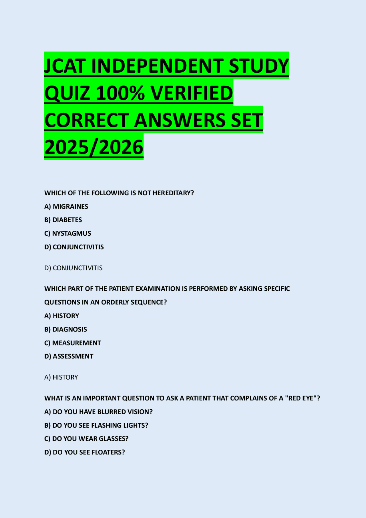 JCAT INDEPENDENT STUDY QUIZ 100% VERIFIED CORRECT ANSWERS SET 2025/2026 | Exams Health sciences ...