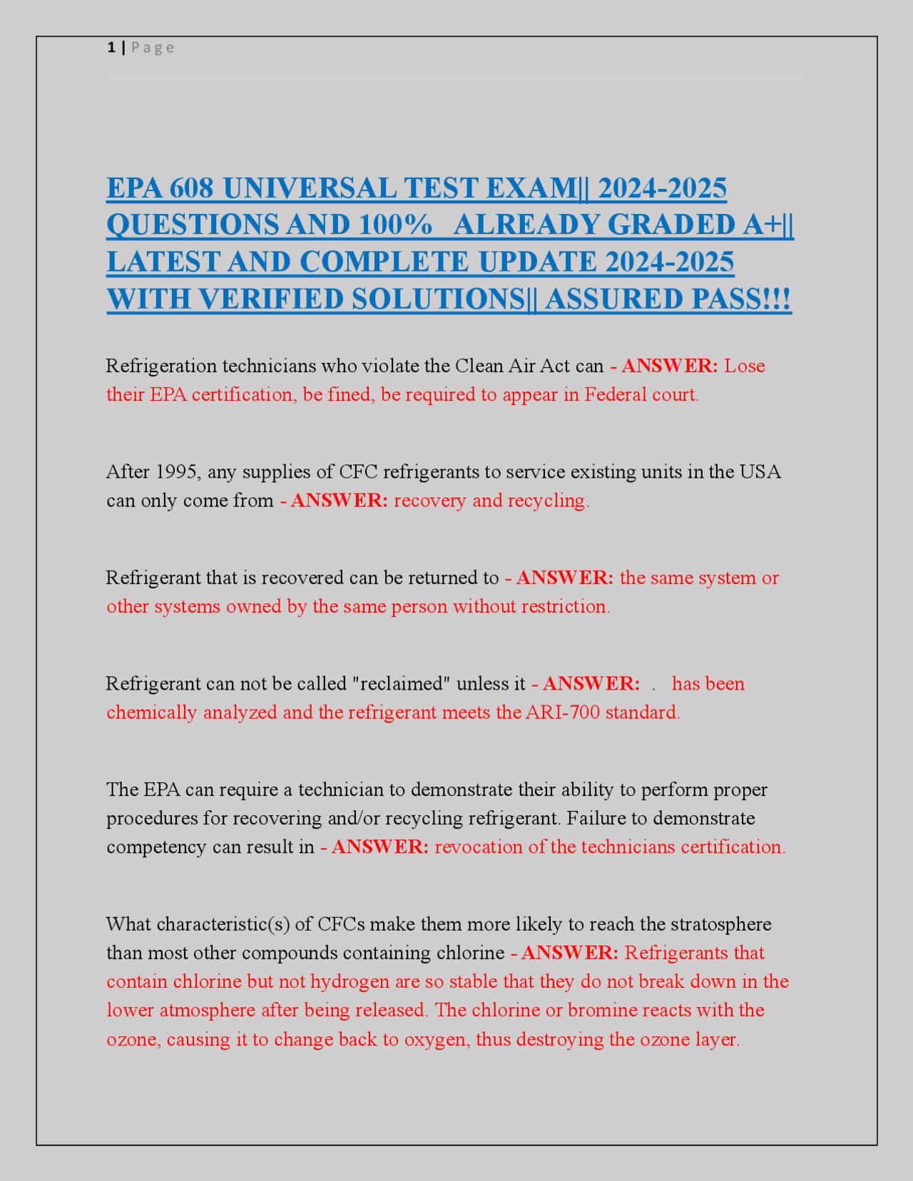 EPA 608 Universal Test Exam: Questions and Answers for Refrigeration ...