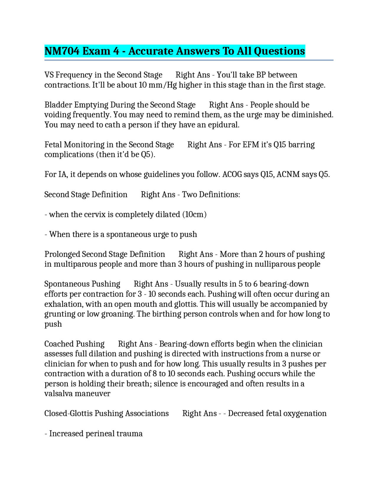 NM704 Exam 4: Labor and Delivery Stages - Comprehensive Guide with ...