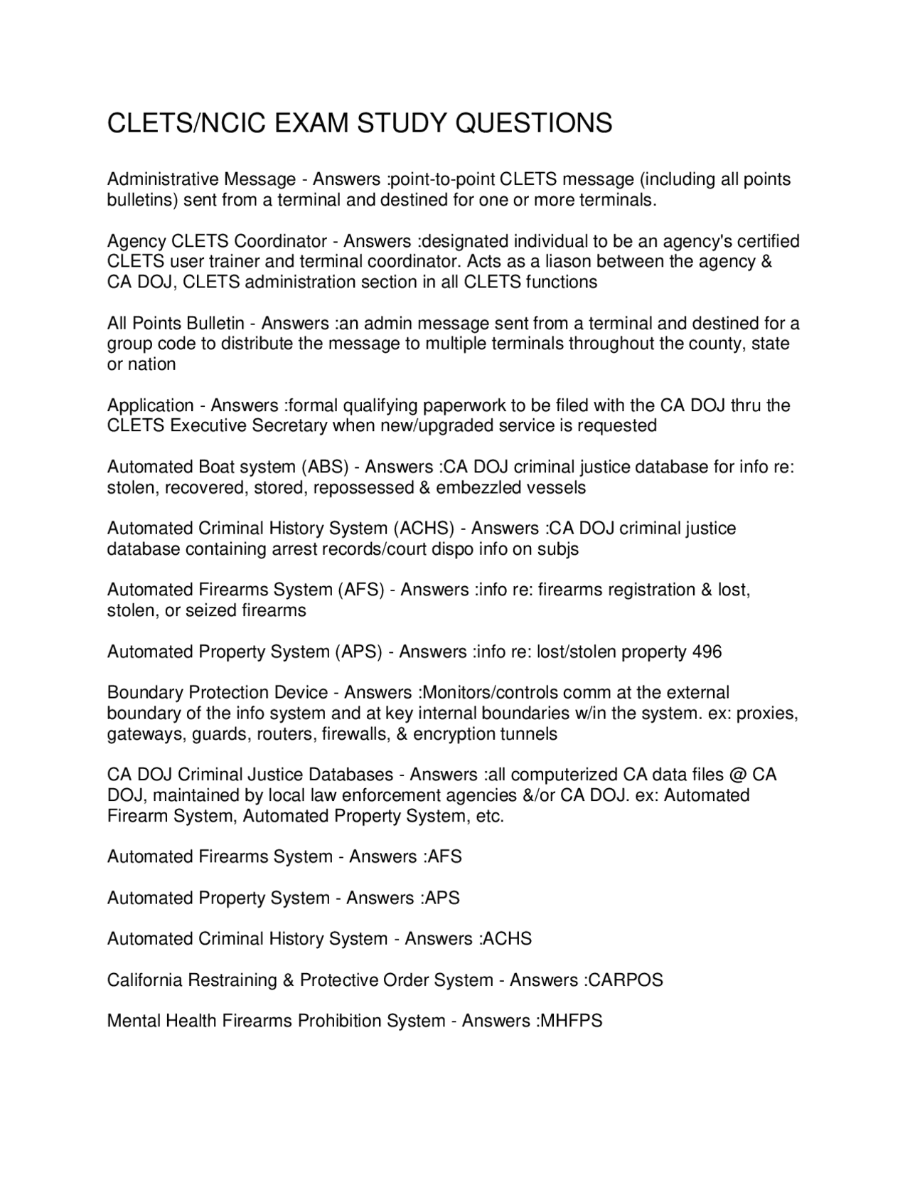 CLETS/NCIC Exam Study Guide: Law Enforcement Databases | Exams Social ...