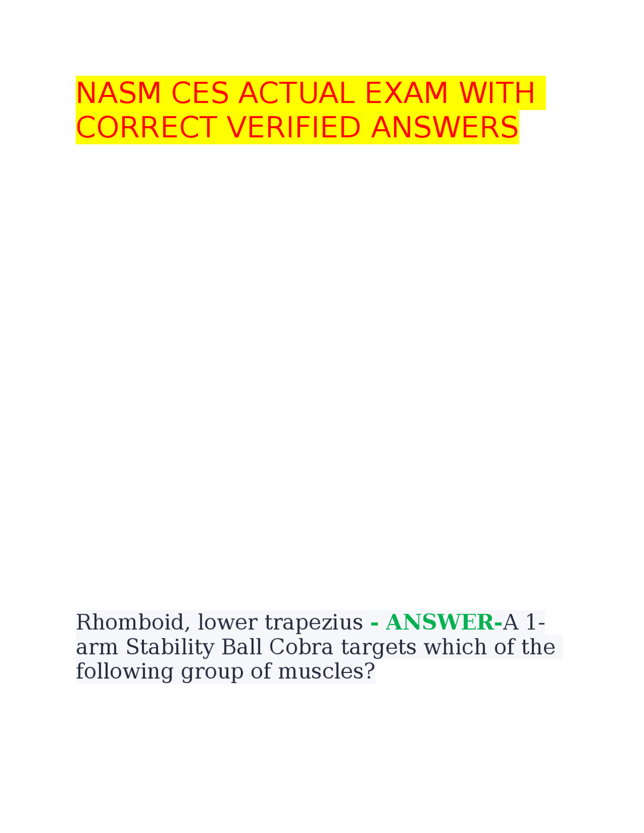 NASM CES ACTUAL EXAM WITH CORRECT VERIFIED ANSWERS | Exams Nursing ...
