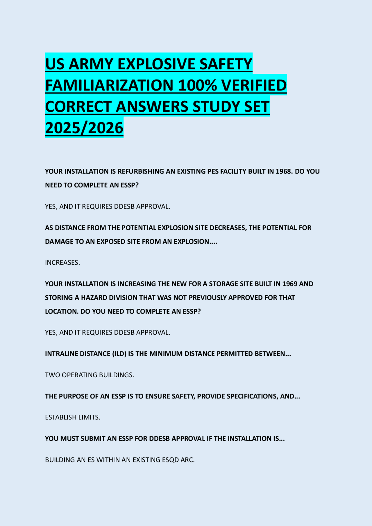 US ARMY EXPLOSIVE SAFETY FAMILIARIZATION 100% VERIFIED CORRECT ANSWERS ...