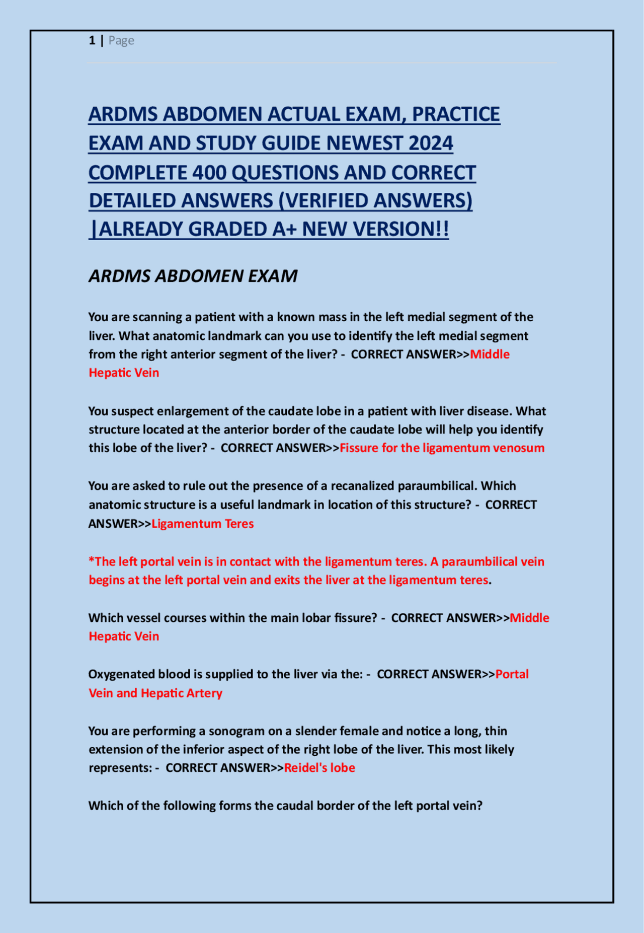 ARDMS ABDOMEN ACTUAL EXAM, PRACTICE EXAM AND STUDY GUIDE NEWEST 2024 ...