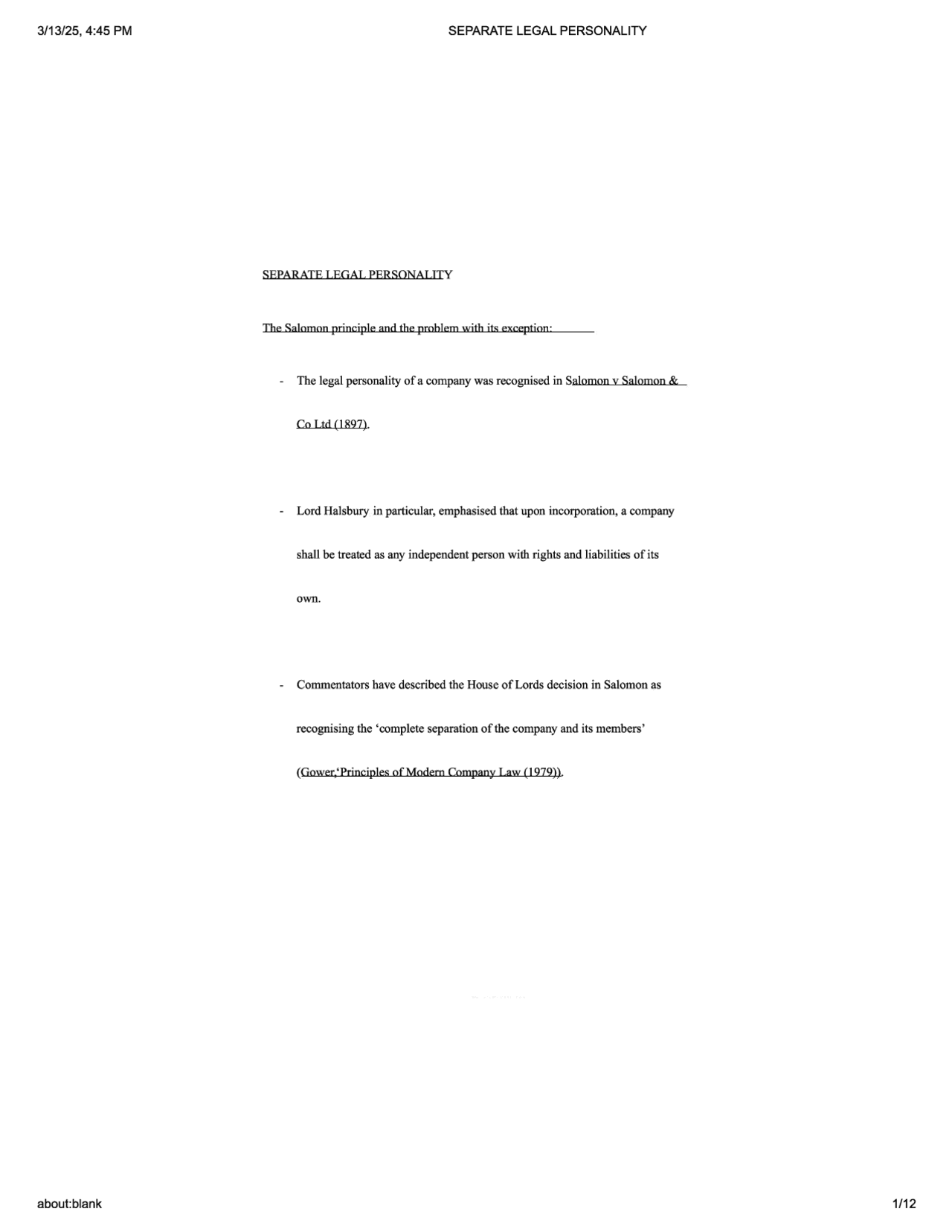 SEPARATE LEGAL PERSONALITY B-Company Law | Study notes Law | Docsity