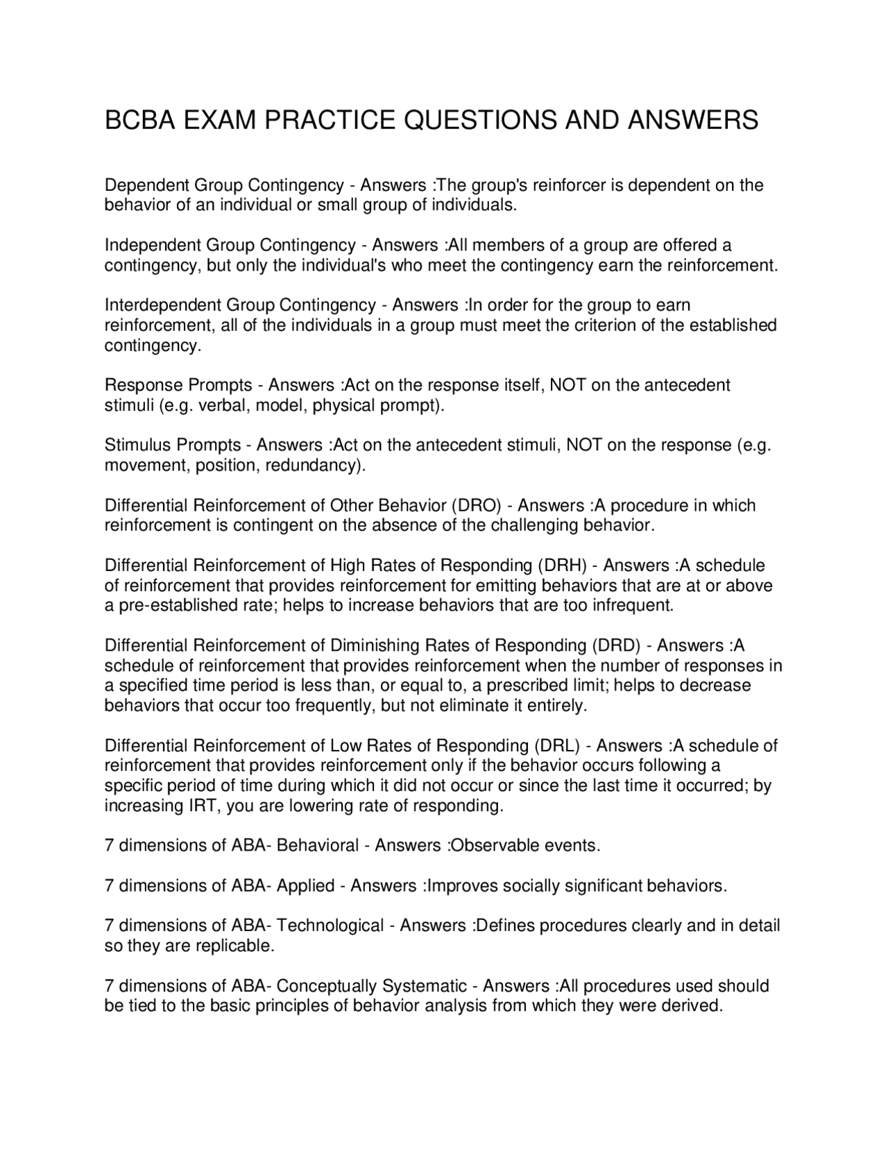 BCBA Exam Practice Questions and Answers: Key Concepts and Definitions ...