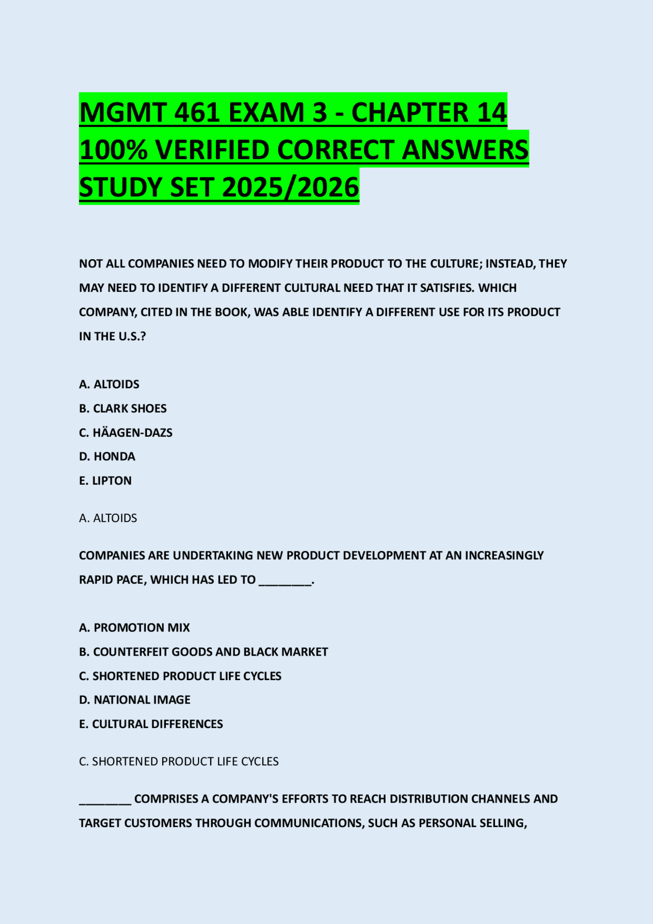 MGMT 461 EXAM 3 - CHAPTER 14 100% VERIFIED CORRECT ANSWERS STUDY SET 2025/2026 | Exams ...