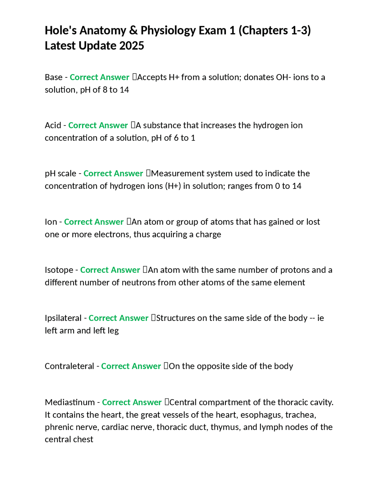 Hole's Anatomy & Physiology Exam 1 (Chapters 1-3) Latest Update 2025 ...