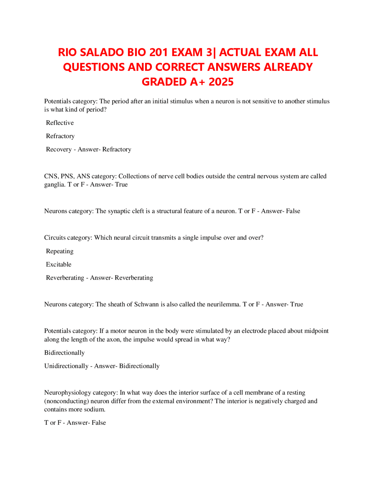 BIO 201 Exam 3: Nervous System and Sensory Organs - Questions and ...