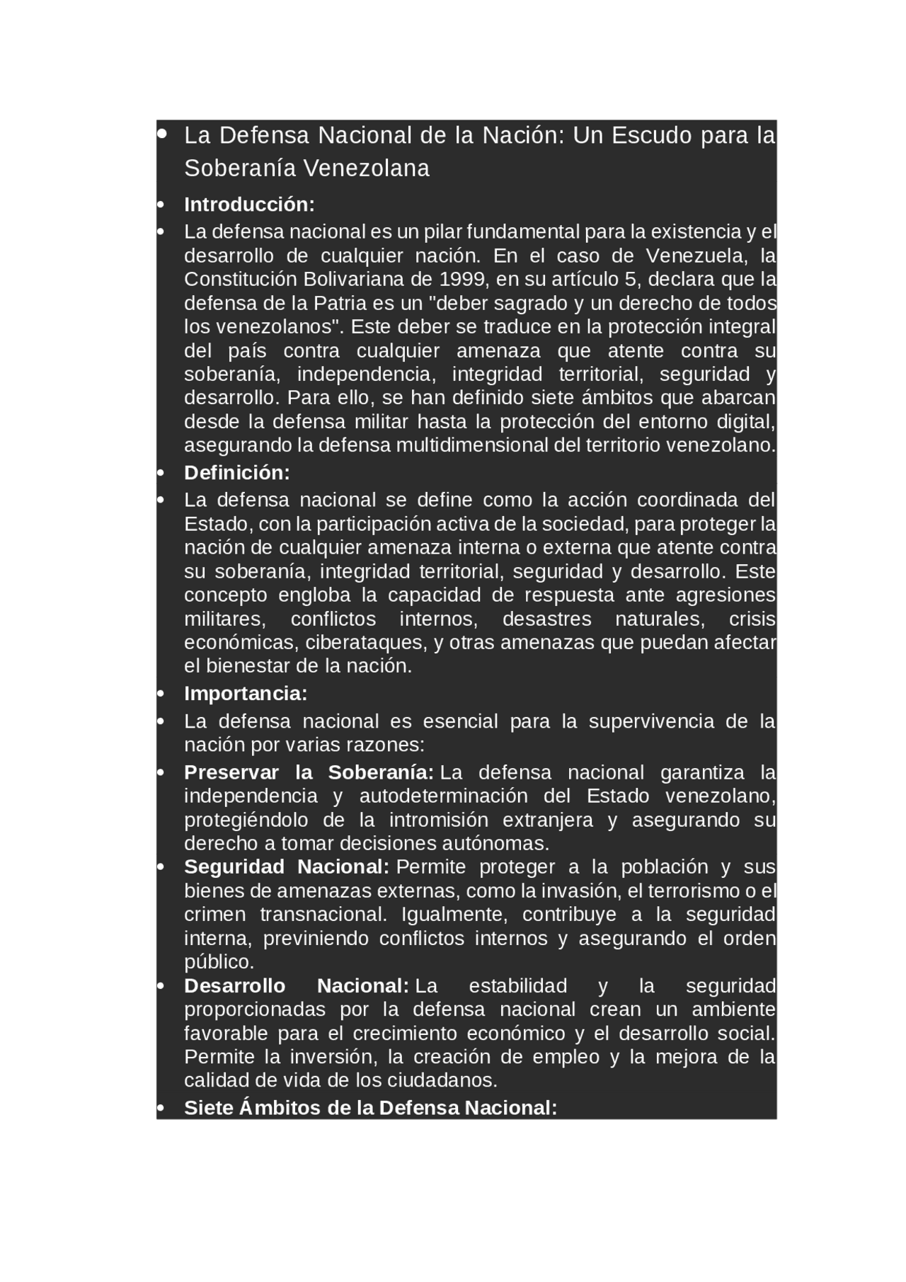 Defensa Nacional Venezuela | Essays (high school) Latin | Docsity