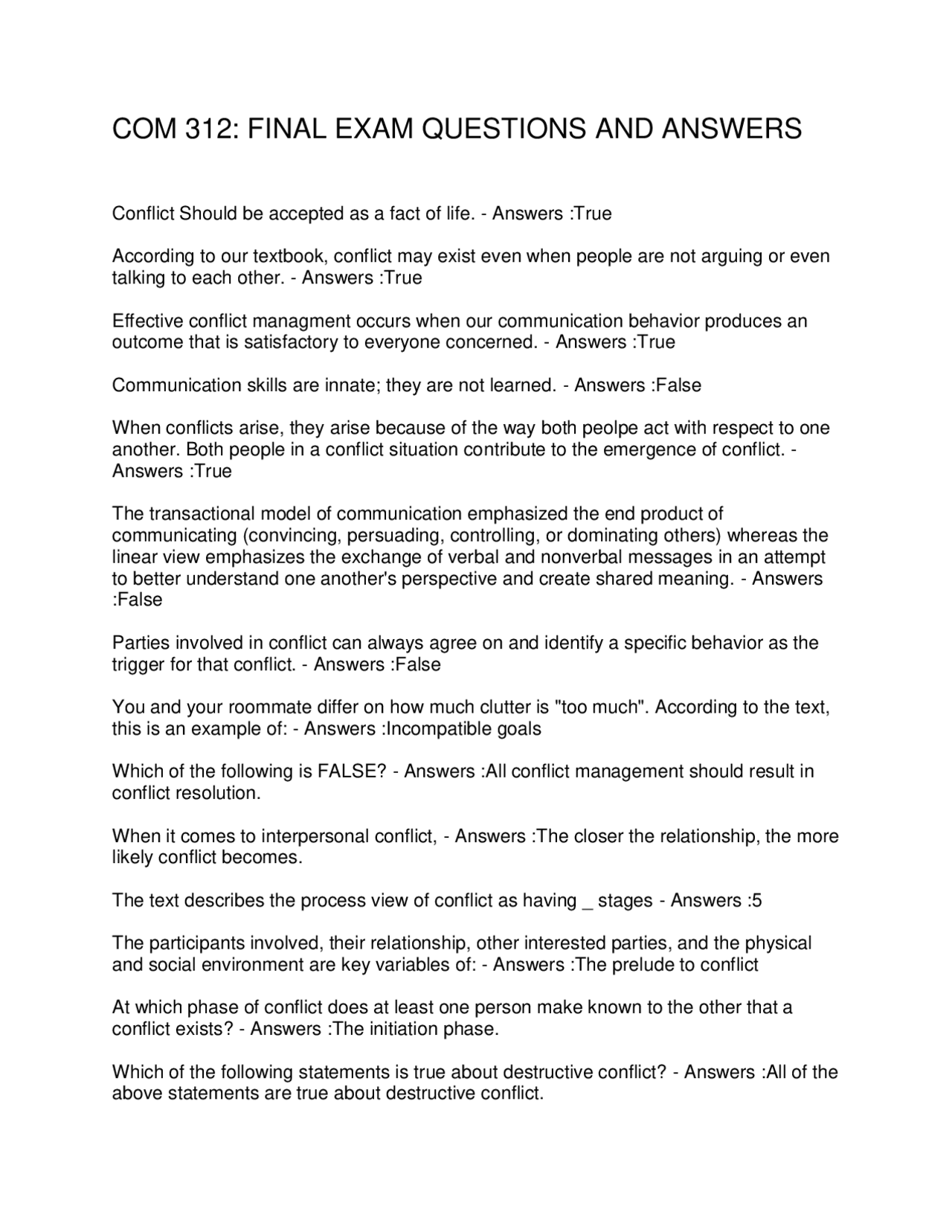 COM 312: Final Exam Questions and Answers - Conflict Management | Exams ...