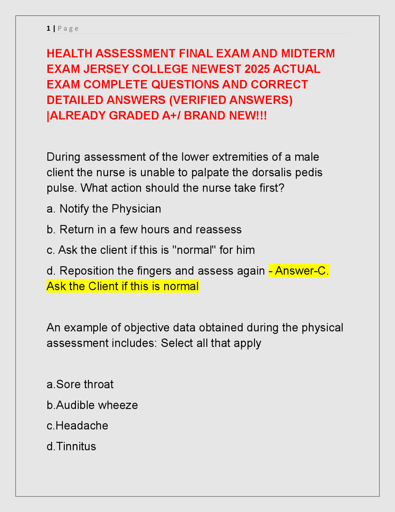 HEALTH ASSESSMENT FINAL EXAM AND MIDTERM EXAM JERSEY COLLEGE NEWEST ...