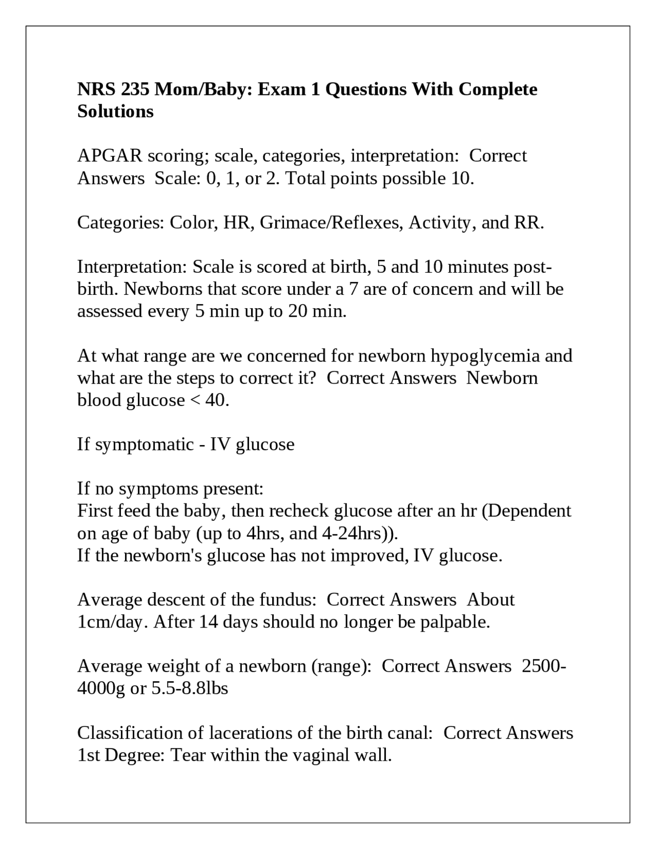 NRS 235 Mom/Baby: Exam 1 Questions With Complete Solutions | Exams ...