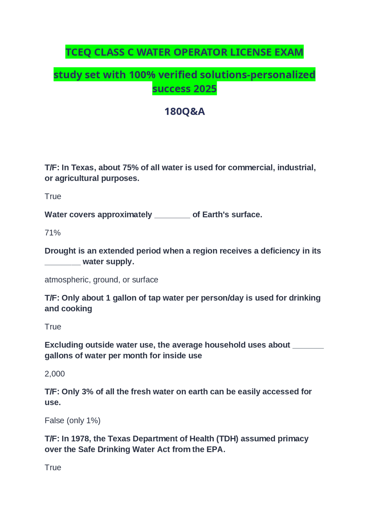 TCEQ CLASS C WATER OPERATOR LICENSE EXAM study set with 100% verified ...