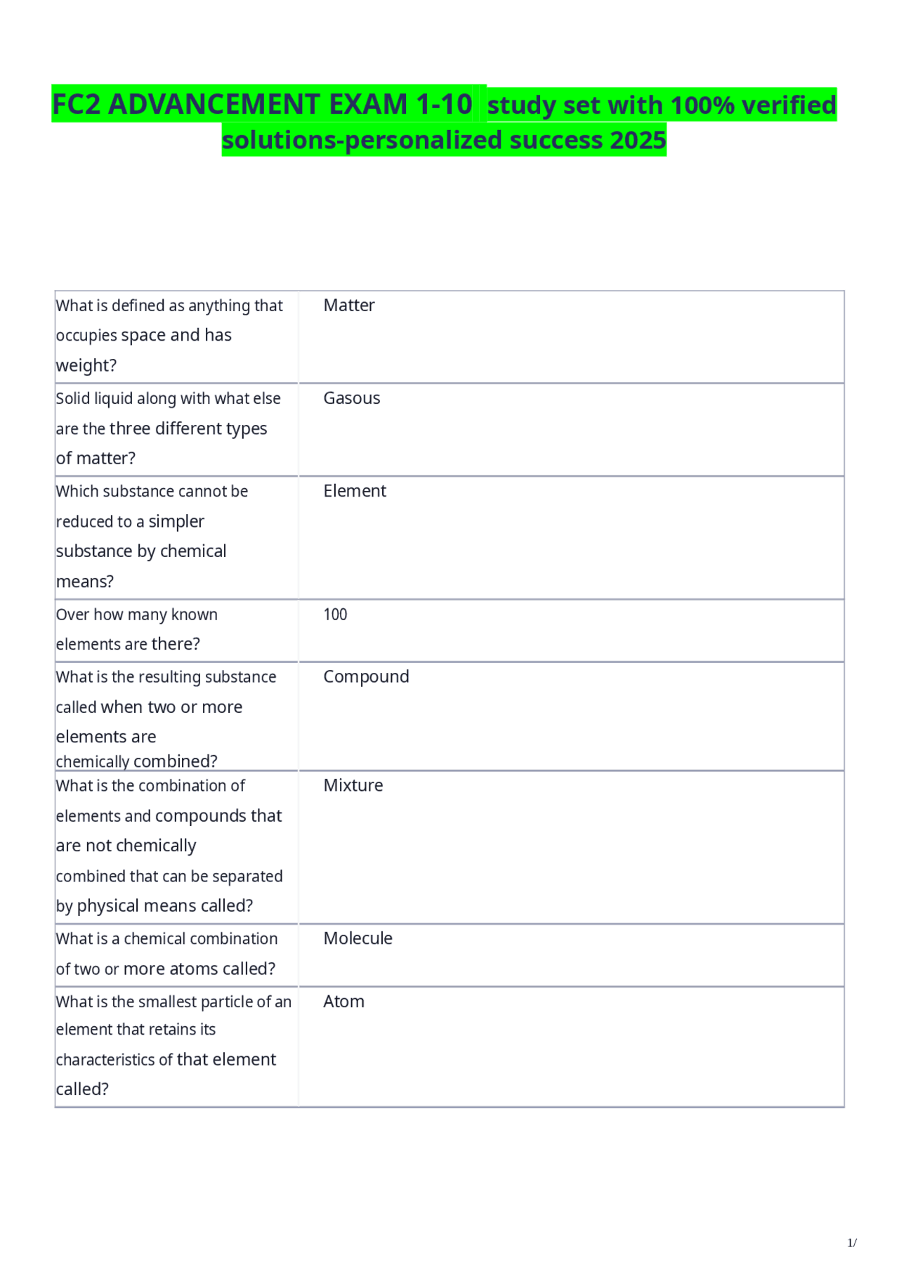 FC2 ADVANCEMENT EXAM 1-10 study set with 100% verified solutions ...