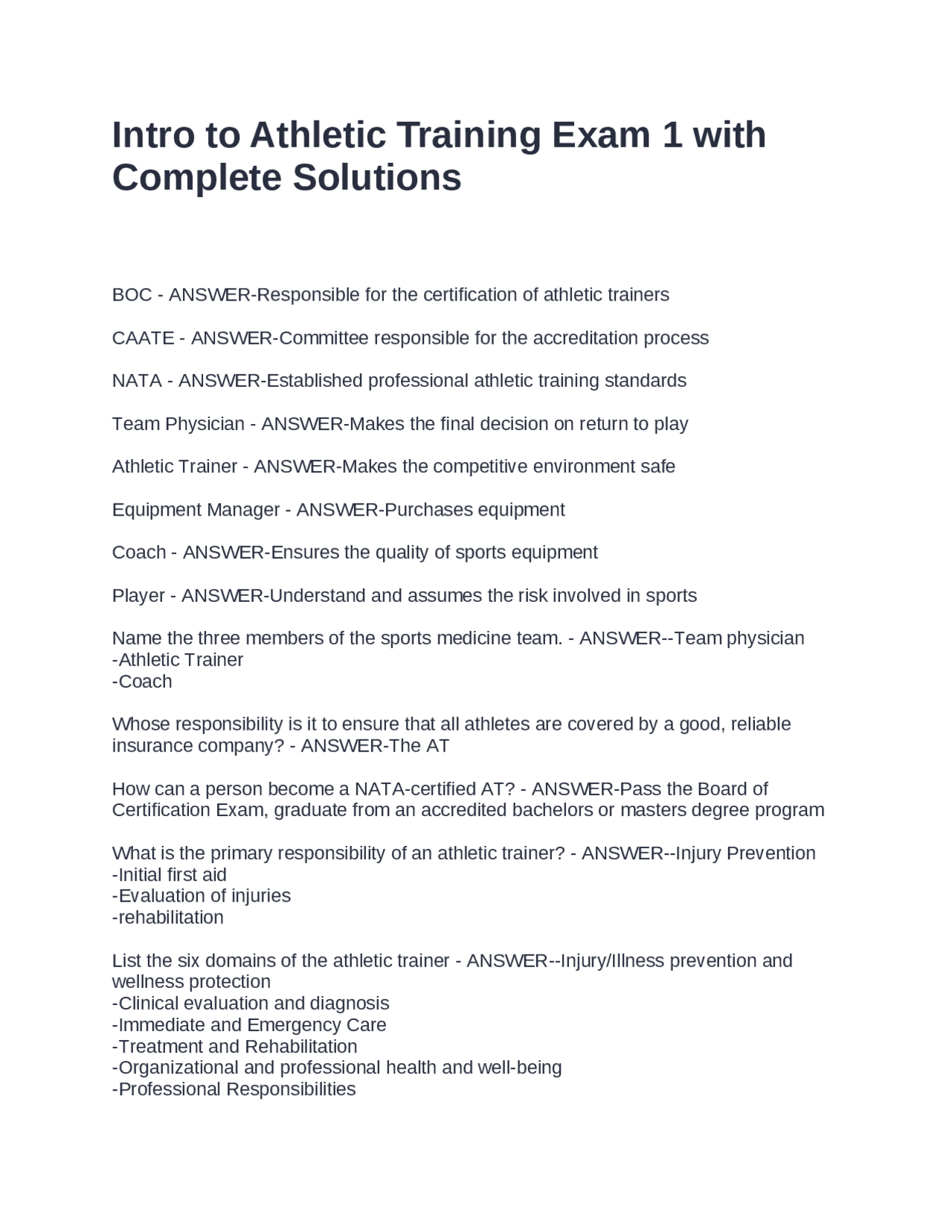 Intro to Athletic Training Exam 1 with Complete Solutions | Exams ...