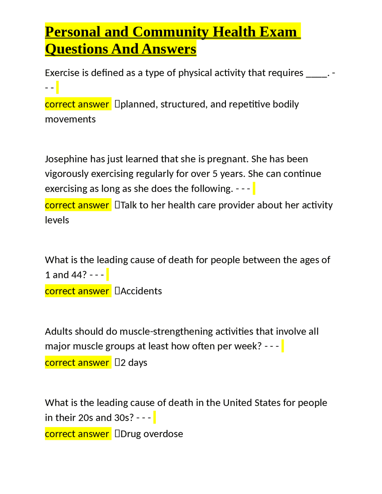 Personal and Community Health Exam Questions And Answers | Exams ...