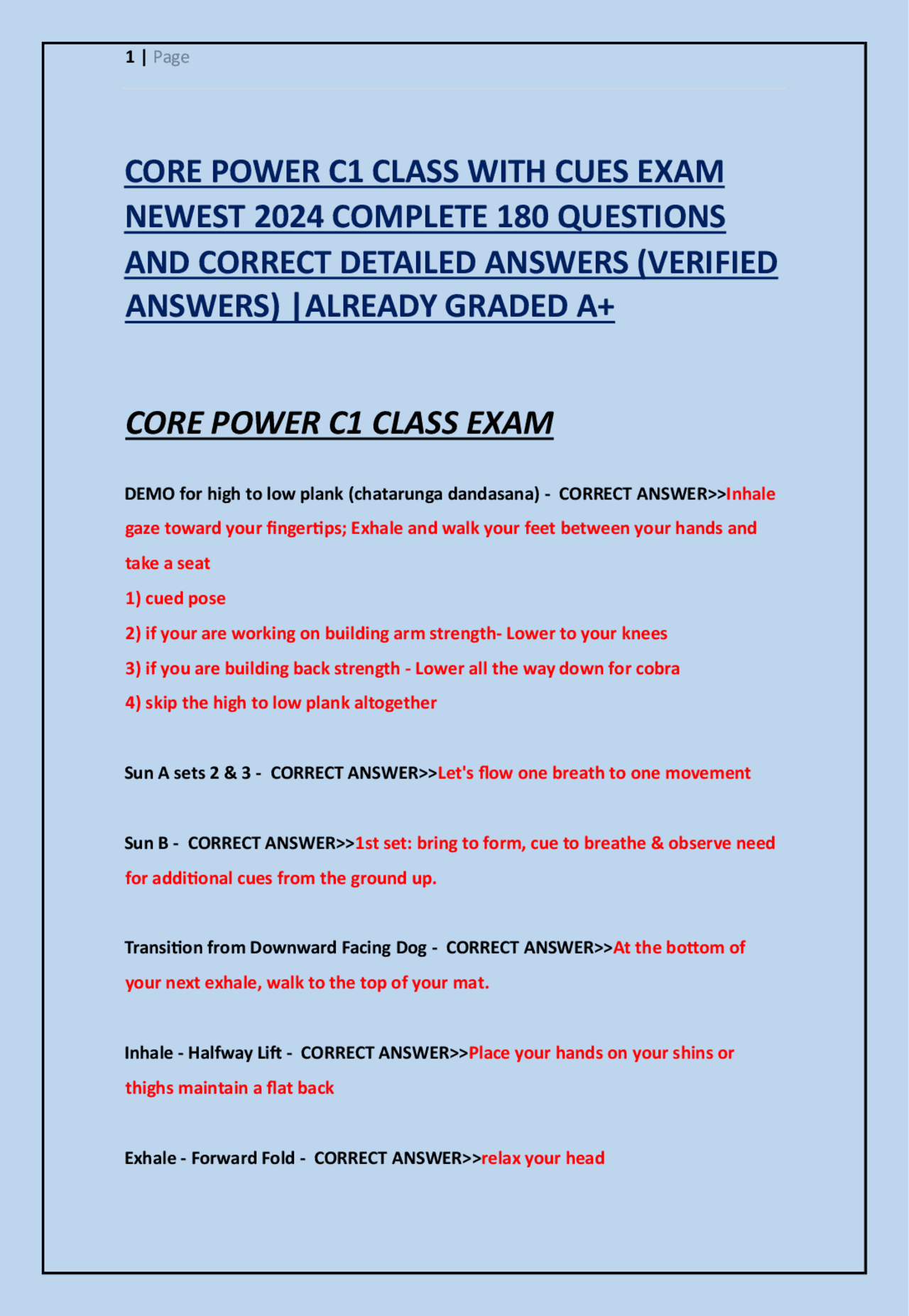 Core Power C1 Class Exam 180 Questions And Answers Exams Nursing Docsity