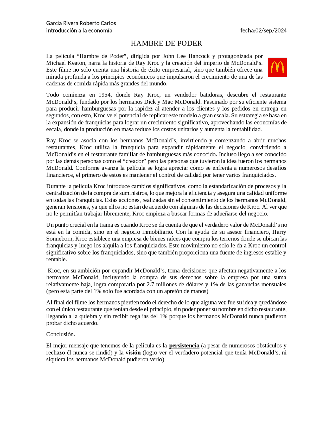 Reseña de la película "hambre de poder" | High school final essays ...