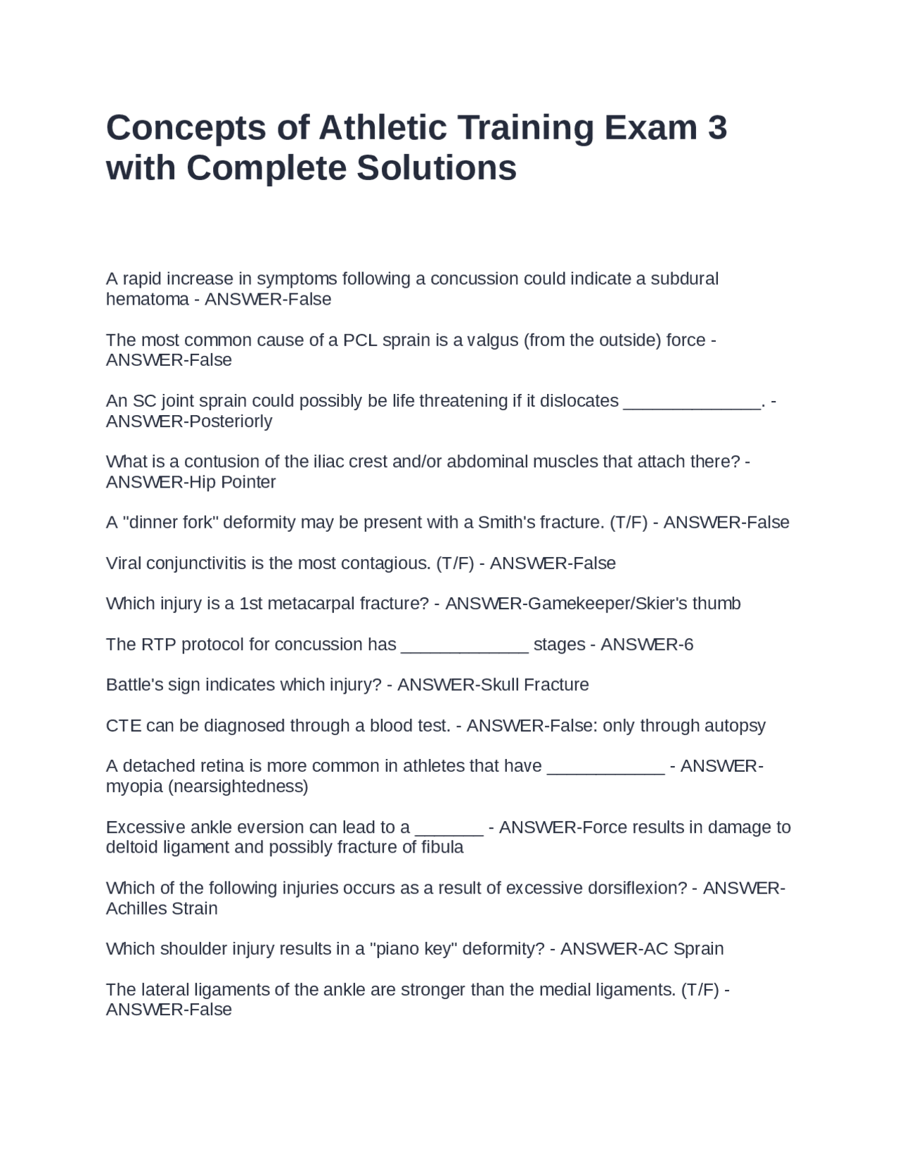 Concepts of Athletic Training Exam 3 with Complete Solutions | Exams ...