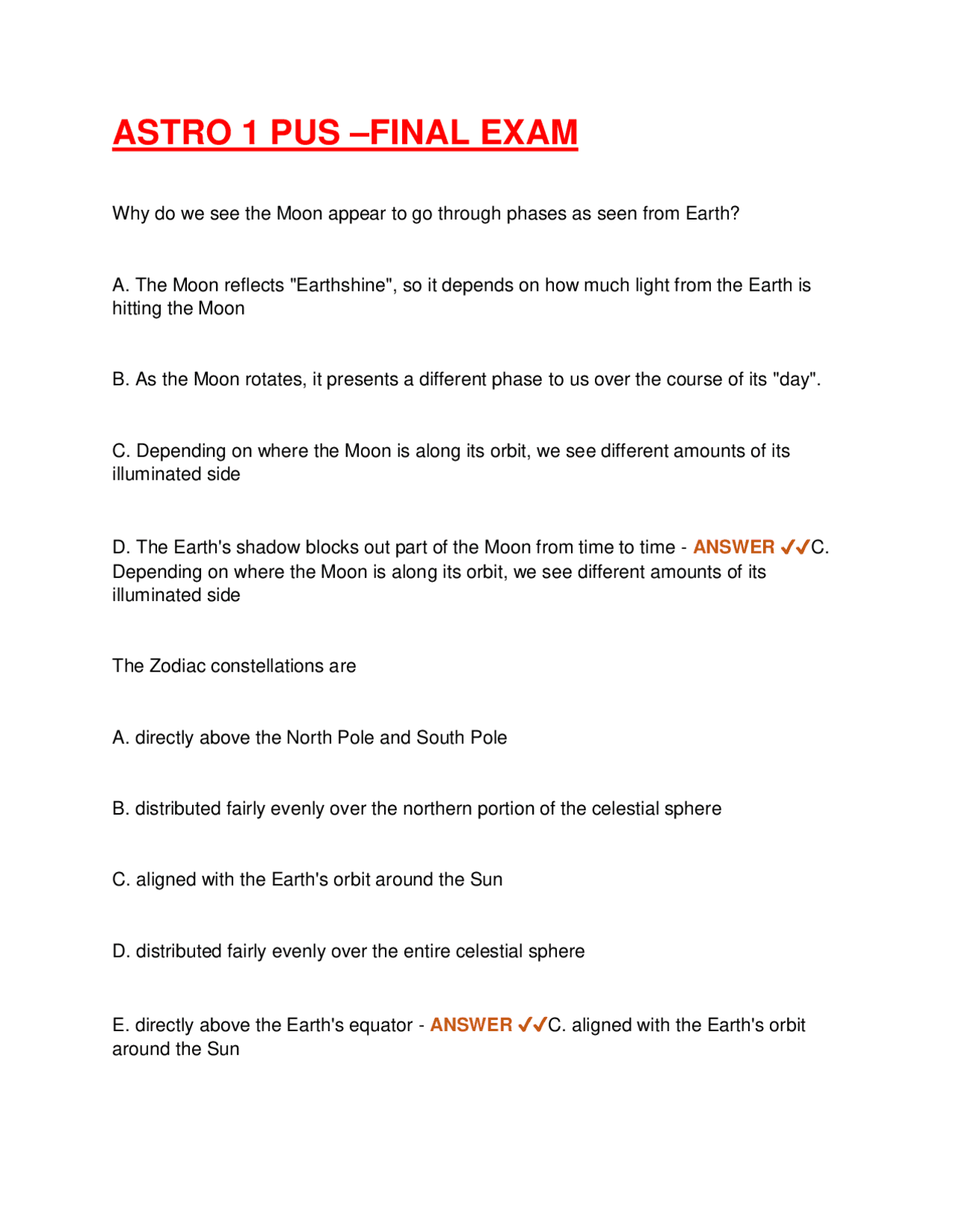 Astronomy 1 Final Exam: Multiple Choice Questions and Answers | Exams Nursing | Docsity