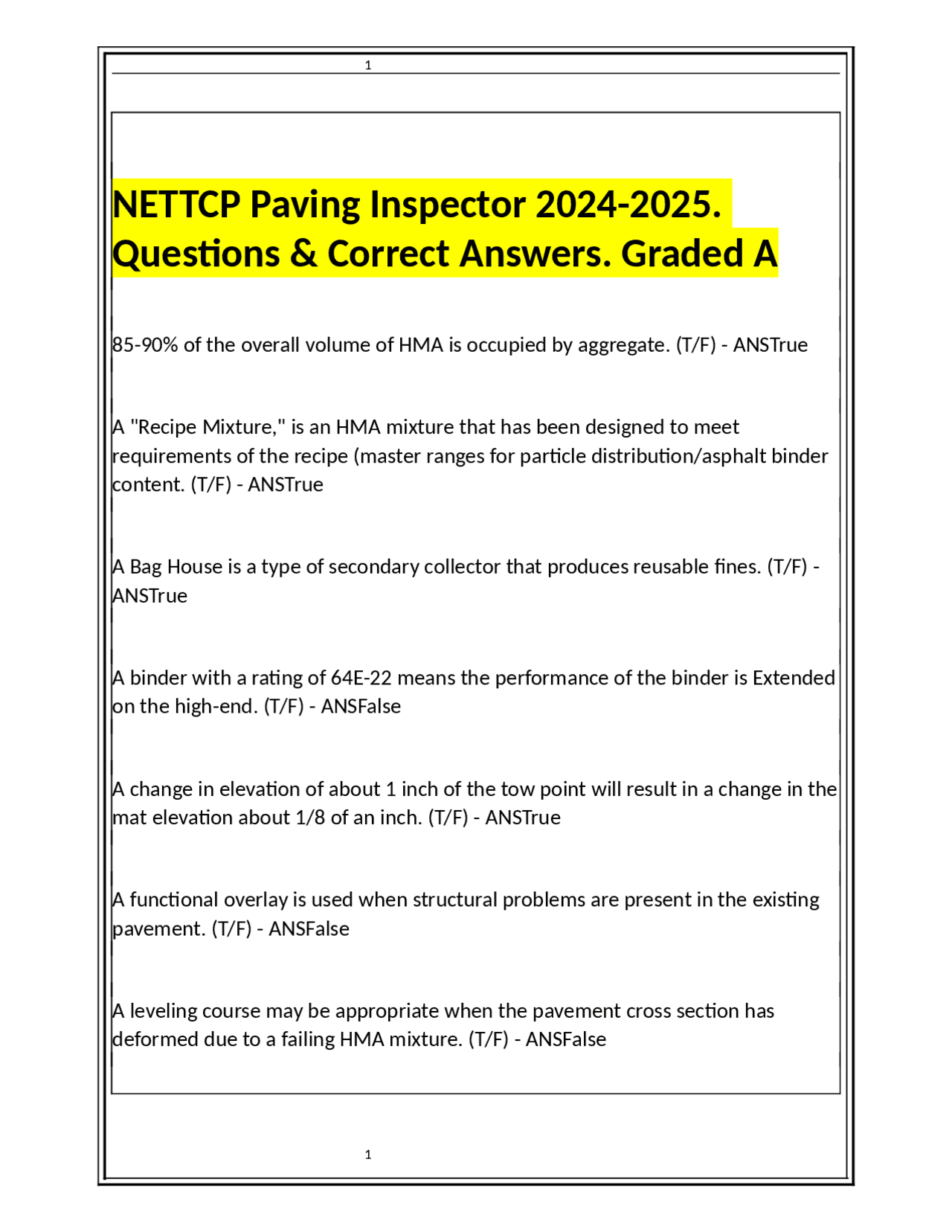NETTCP Paving Inspector 2024-2025. Questions & Correct Answers. Graded ...
