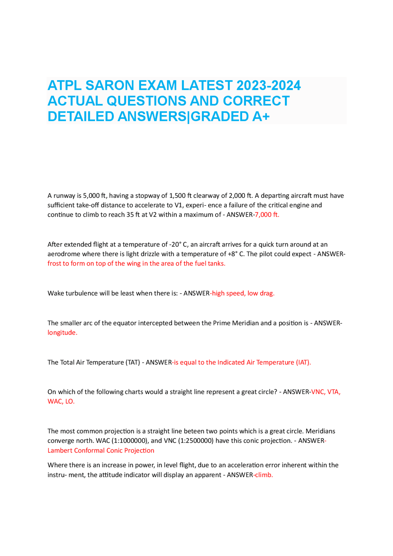 ATPL SARON EXAM LATEST 2023-2024 ACTUAL QUESTIONS AND CORRECT DETAILED ...