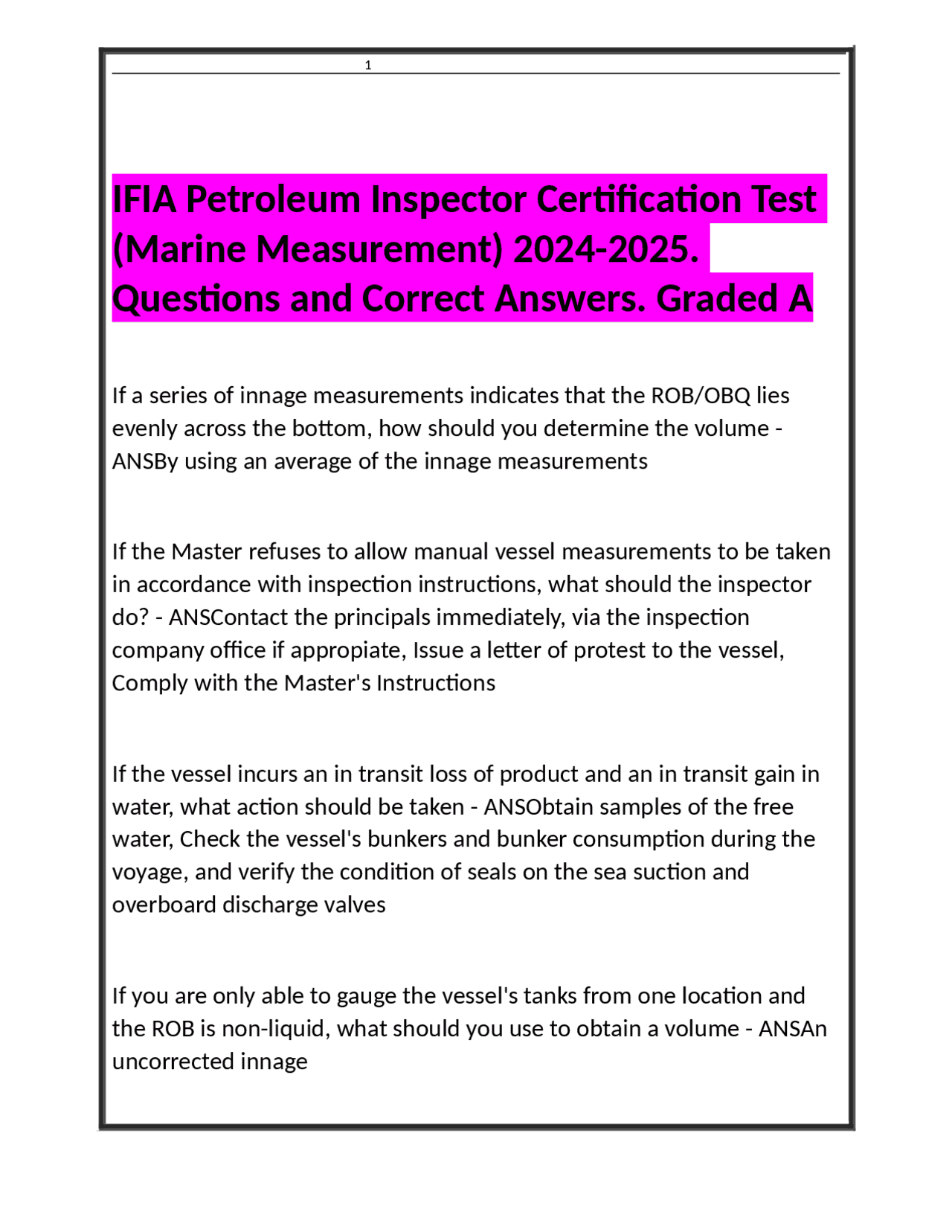 IFIA Petroleum Inspector Certification Test (Marine Measurement) 2024 ...