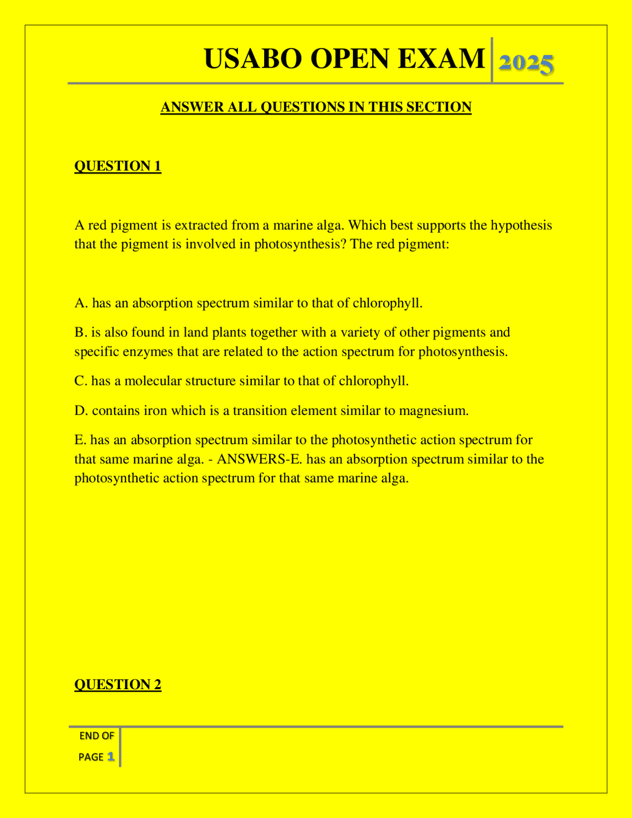 USABO OPEN EXAM QUESTIONS AND ANSWERS 2025 | Exams Biology | Docsity