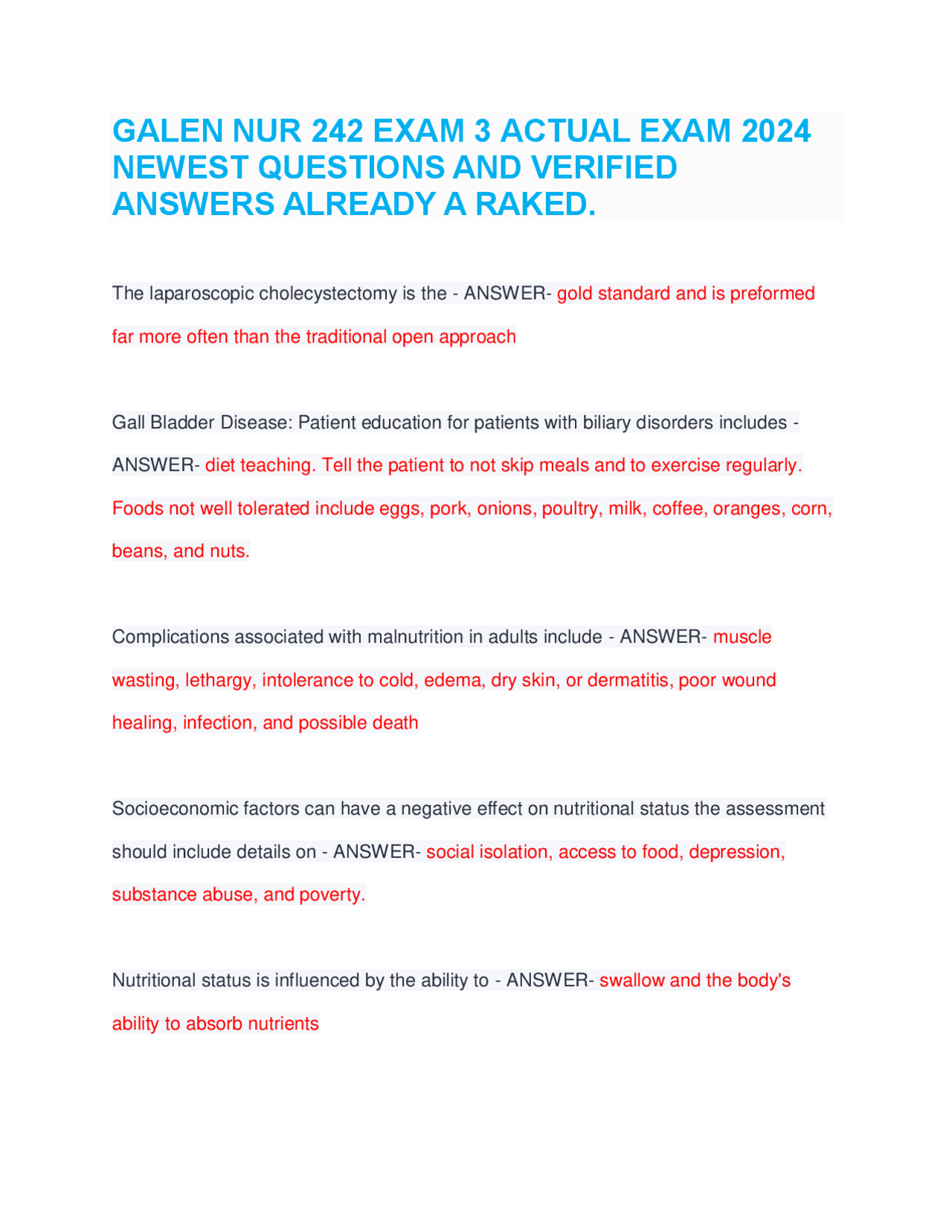 GALEN NUR 242 EXAM 3 ACTUAL EXAM 2024 NEWEST QUESTIONS AND VERIFIED ANSWERS ALREADY A RA | Exams ...