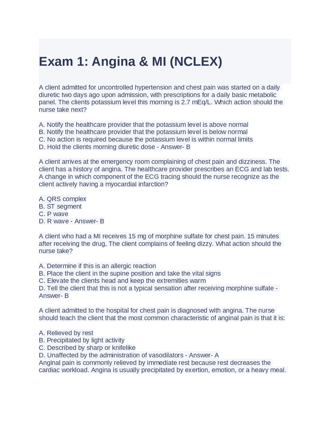 Exam 1 Angina & MI (NCLEX) Questions And Answers 2024 | Exams Nursing ...