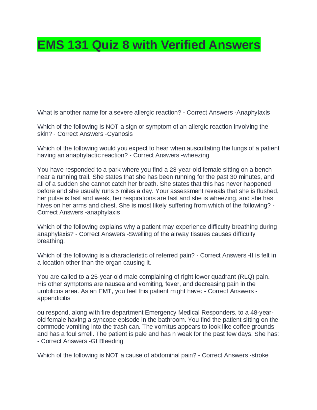 EMS 131 Quiz 8 with Verified Answers | Latest Updated | Exams Advanced ...