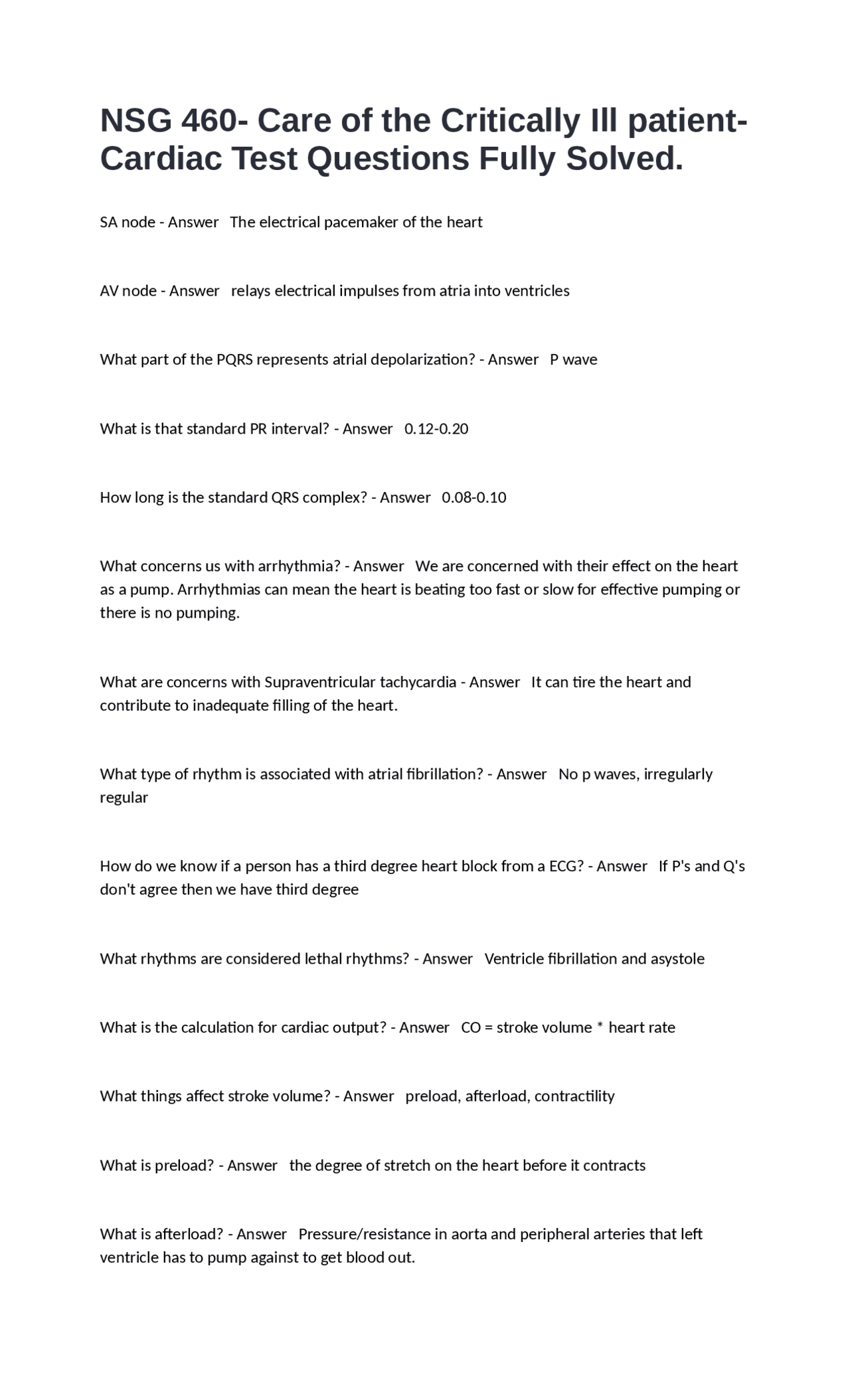 NSG 460- Care of the Critically Ill patient-Cardiac Test Questions ...