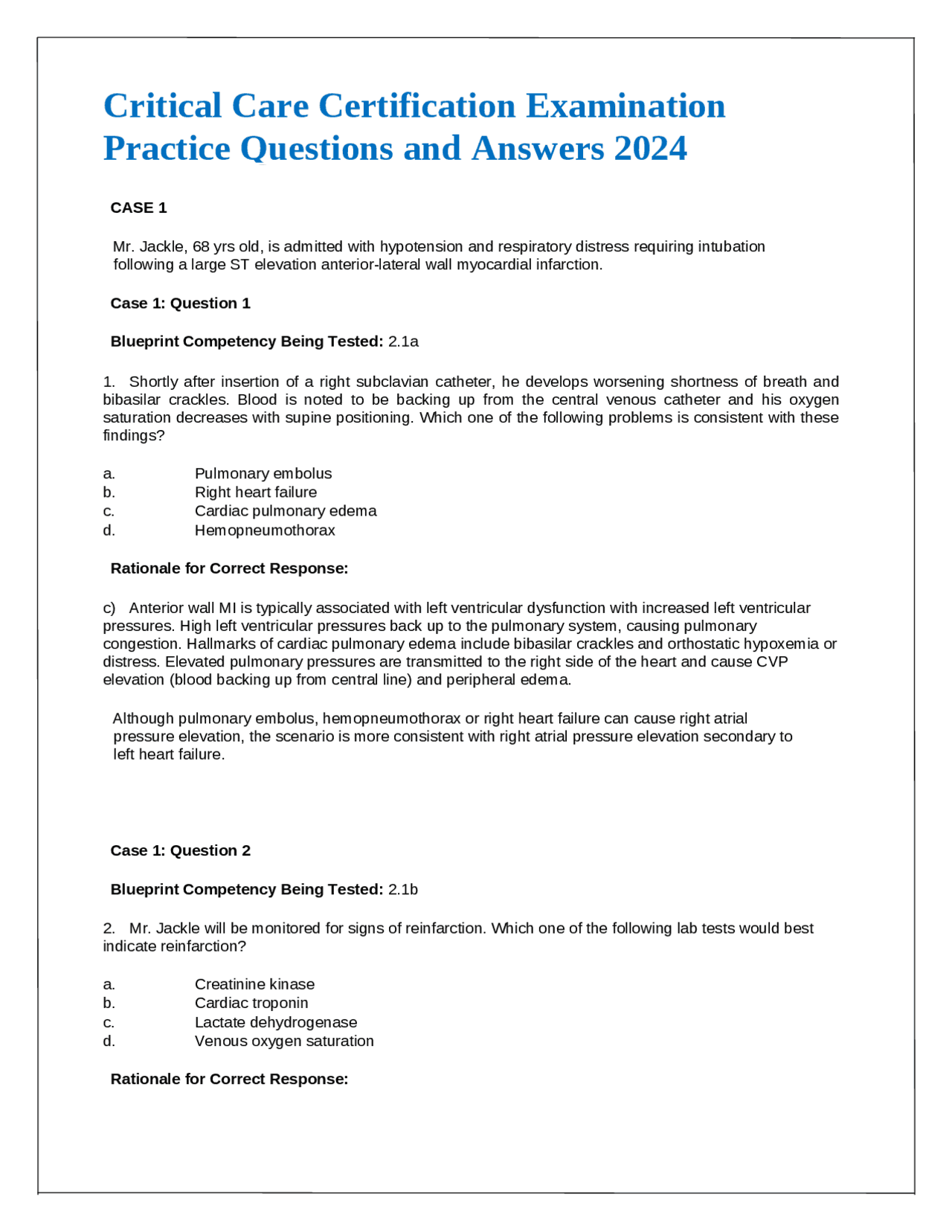 Critical Care Certification Examination Practice Questions and Answers ...